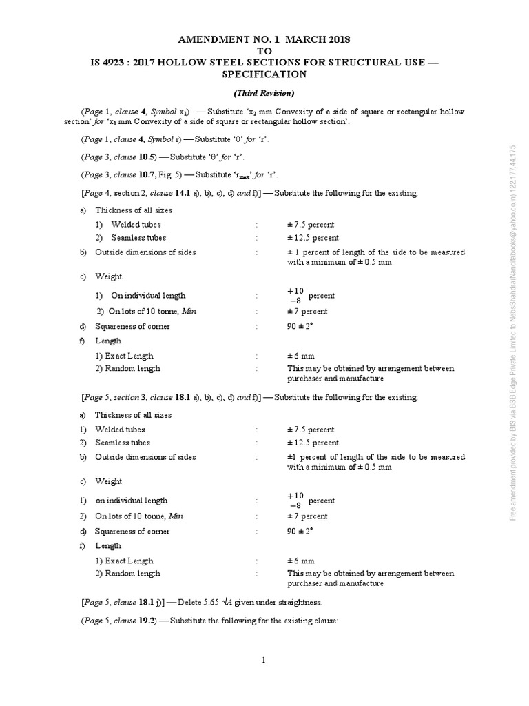 Amendment No. 1 March 2018 TO Is 4923: 2017 Hollow Steel Sections For ...
