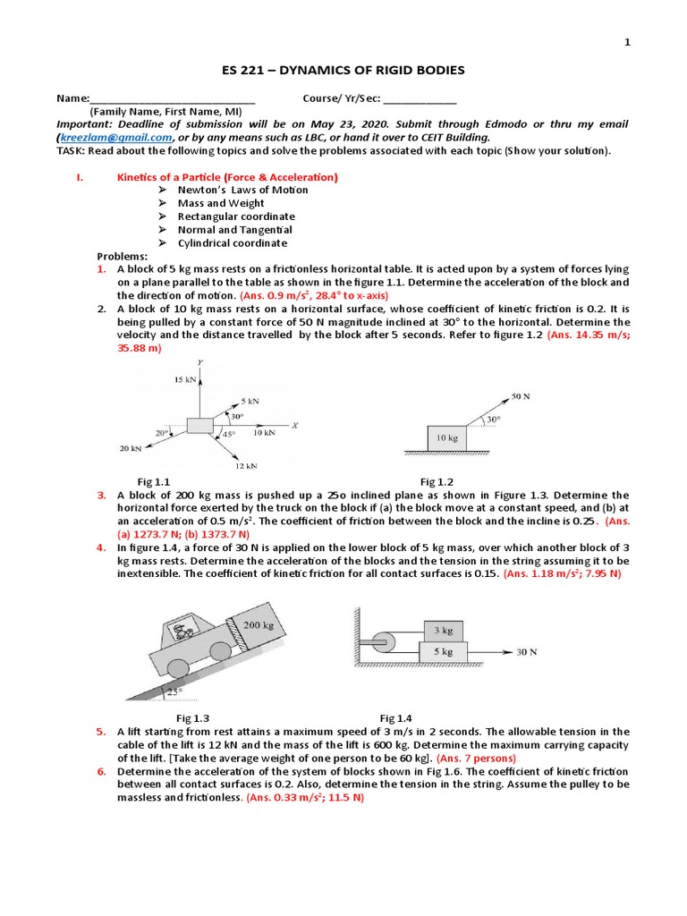 Es 221 - Dynamics of Rigid Bodies: I. Kinetics of A Particle (Force & Acceleration) | PDF ...