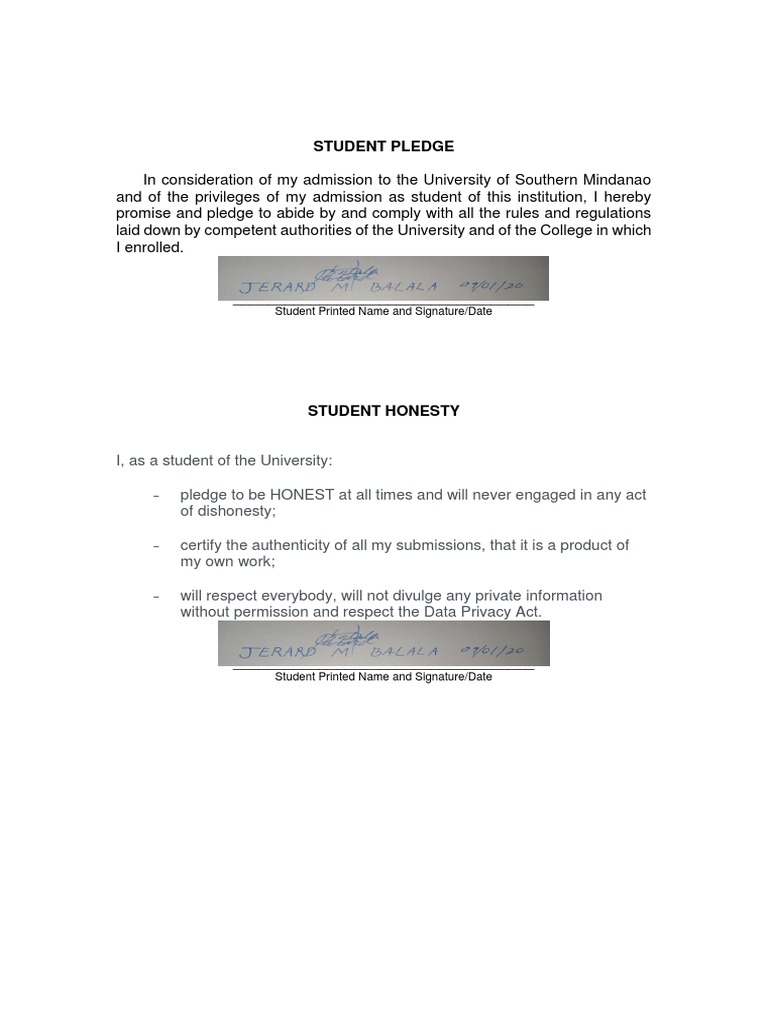 Student Pledge BALALA, JERARD M. | PDF | Finance & Money Management