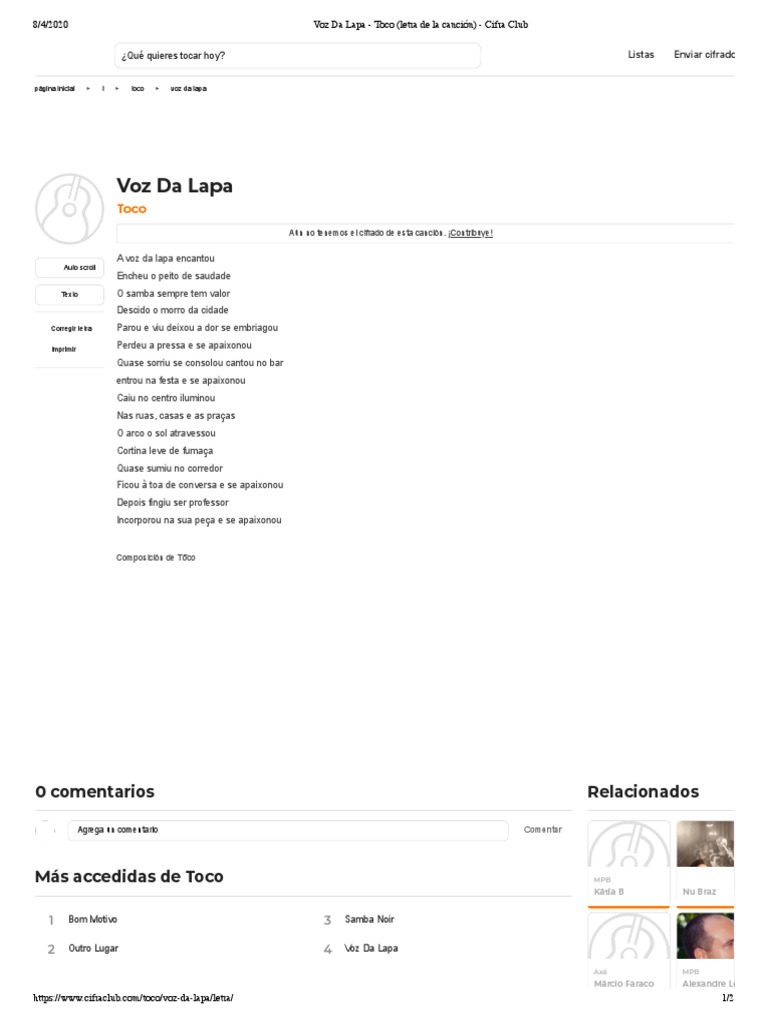 Voz Da Lapa - Toco (Letra de La Canción) - Cifra Club | PDF ...