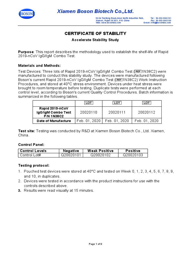 Xiamen Boson Biotech Co.,Ltd.: Certificate of Stability | PDF | Business