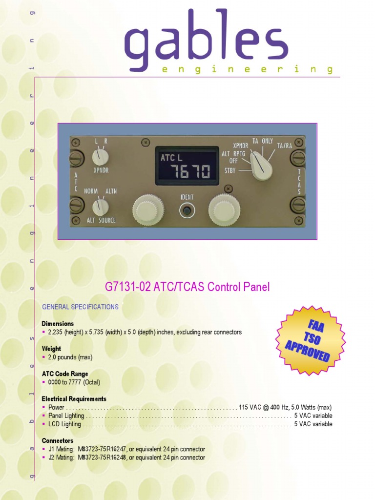 G7131-02 ATC/TCAS Control Panel: FAA TSO Approve D | PDF | Aviation ...