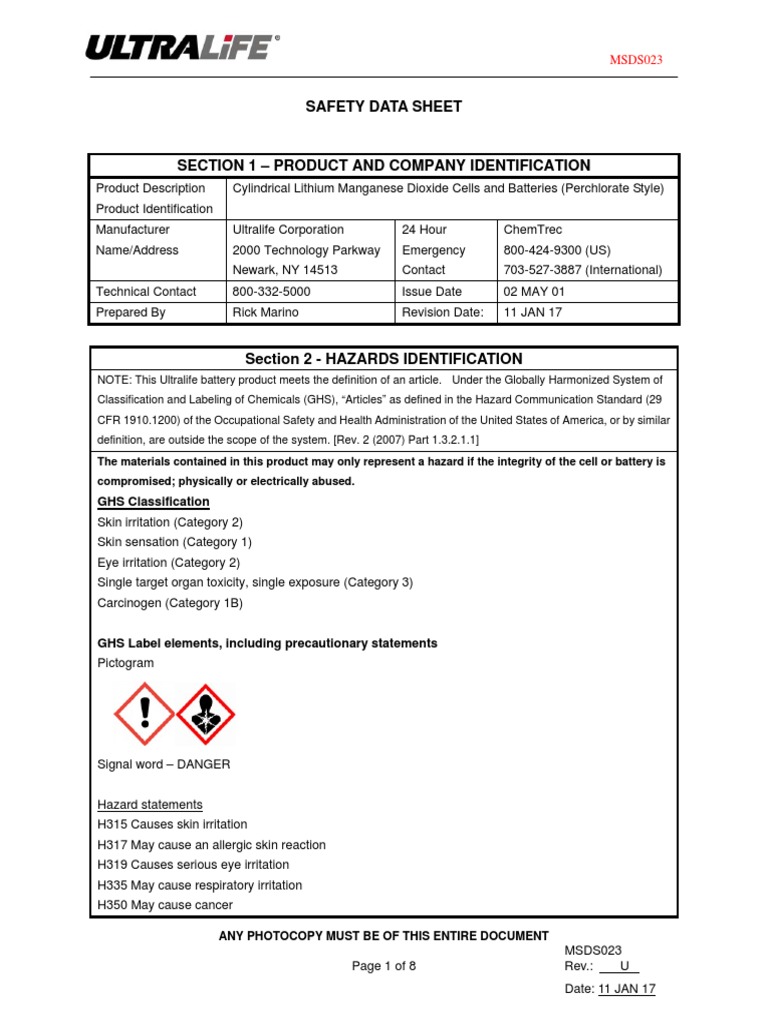 Manganese Dioxide Battery Safety Data | PDF | Dangerous Goods ...
