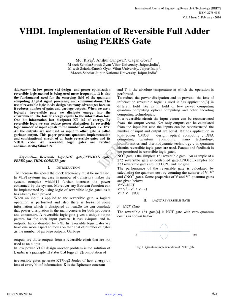 Vhdl Implementation Of Reversible Full Adder Using Peres Gate Ijertv3is20334 1 Pdf Logic