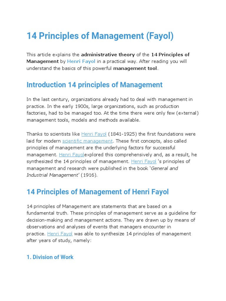 Henri Fayol's 14 Management Principles | PDF | Cognition ...