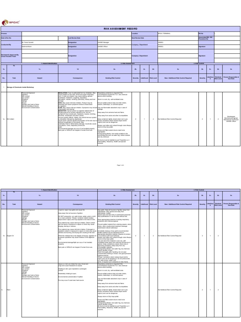 Risk Assessment Record: Page 1 of 4 | PDF | Oil Spill | Medical Specialties