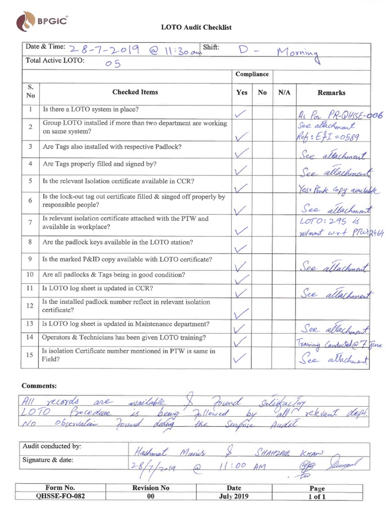 LOTO Audit Checklist | PDF