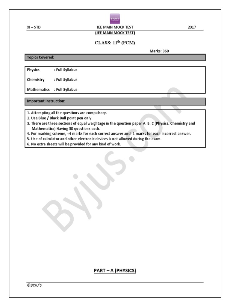 CLASS: 11 (PCM) : (Jee Main Mock Test) | PDF | Euclidean Vector | Velocity