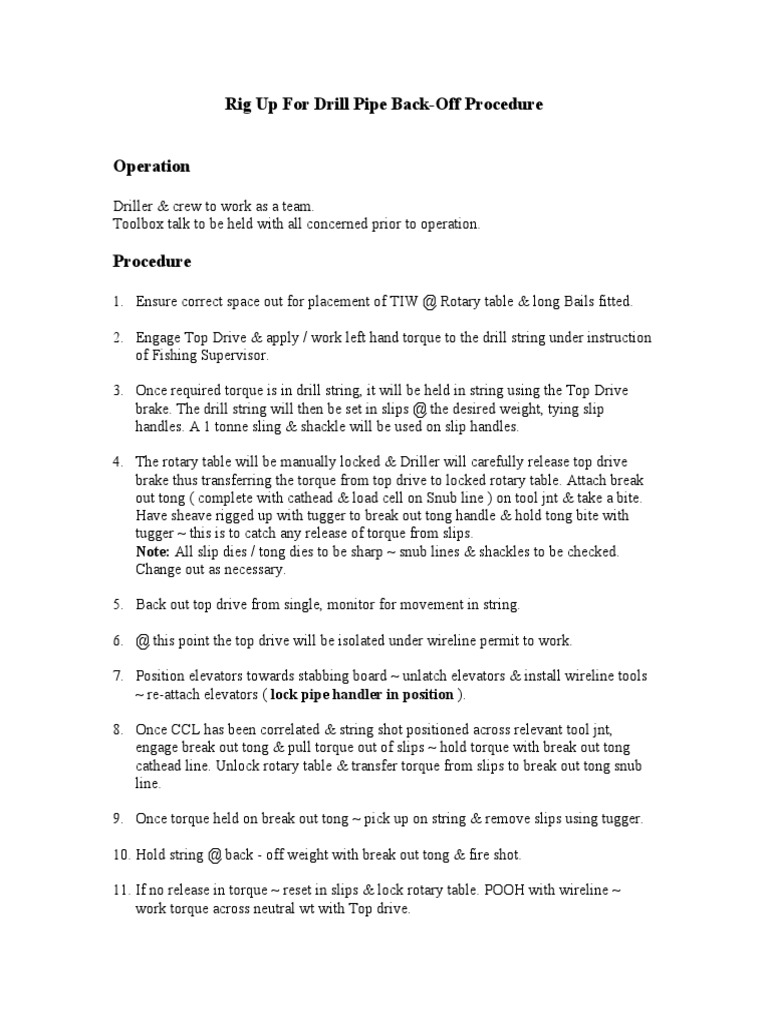 Drill Pipe Back-Off Procedure Guide | PDF | Science & Mathematics ...