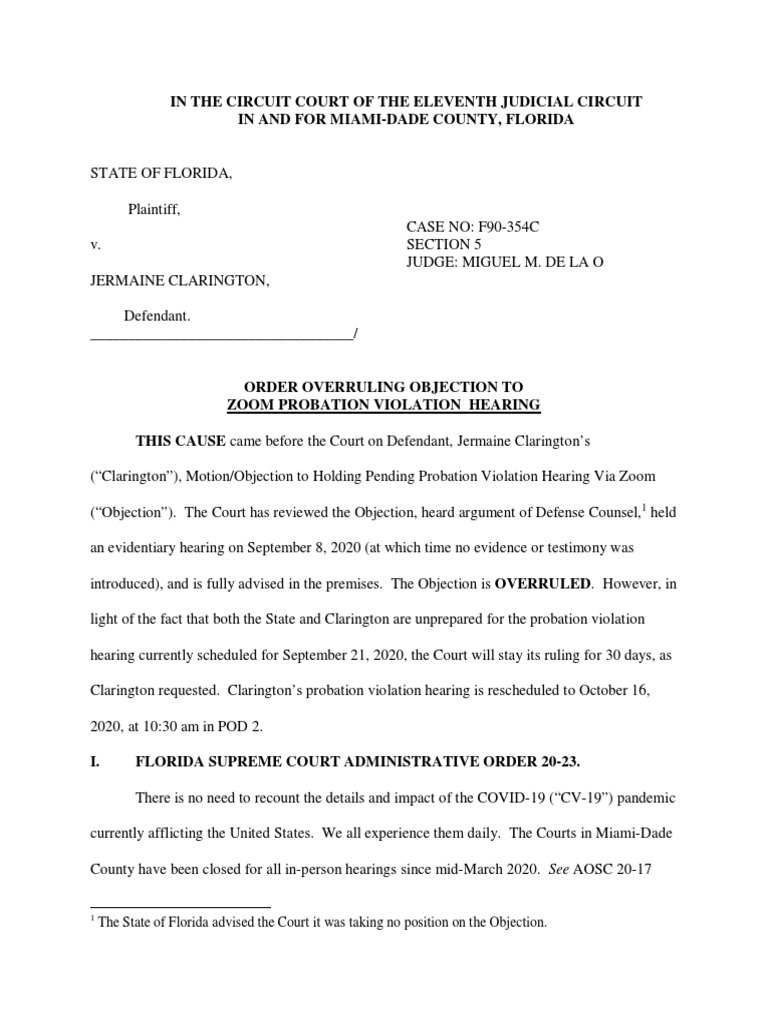 Order Overruling Objection To Zoom Probation Violation Hearing | PDF ...