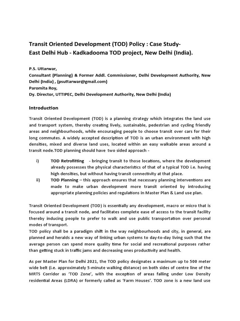 Transit Oriented Development (TOD) Policy: Case Study-East Delhi Hub ...