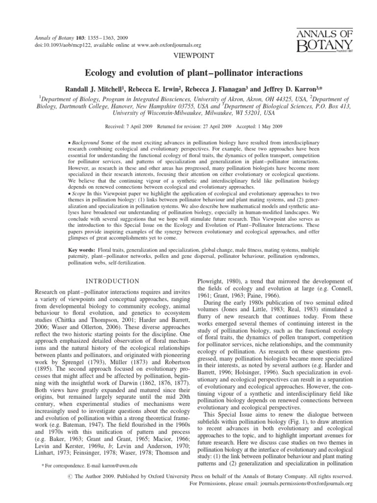 Ecology and Evolution of Plant-Pollinator Interactions | PDF ...