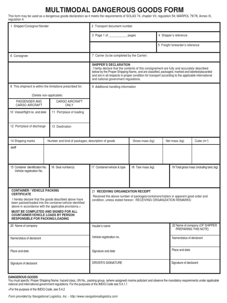 Multimodal Dangerous Goods Form: Shipper'S Declaration | Download Free ...