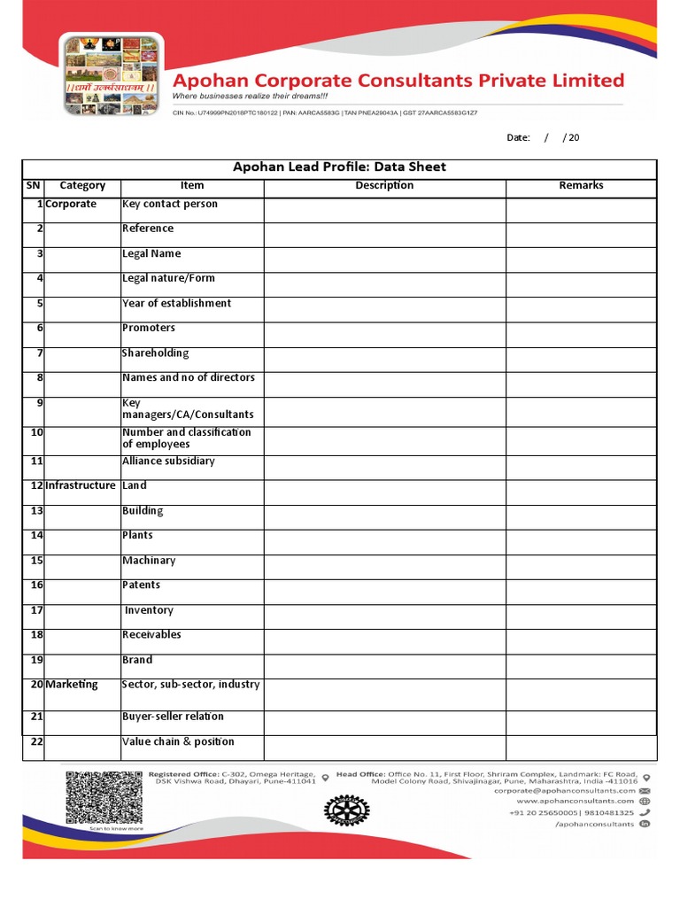 Apohan Lead Profile Data Sheet Overview | PDF | Mergers And ...