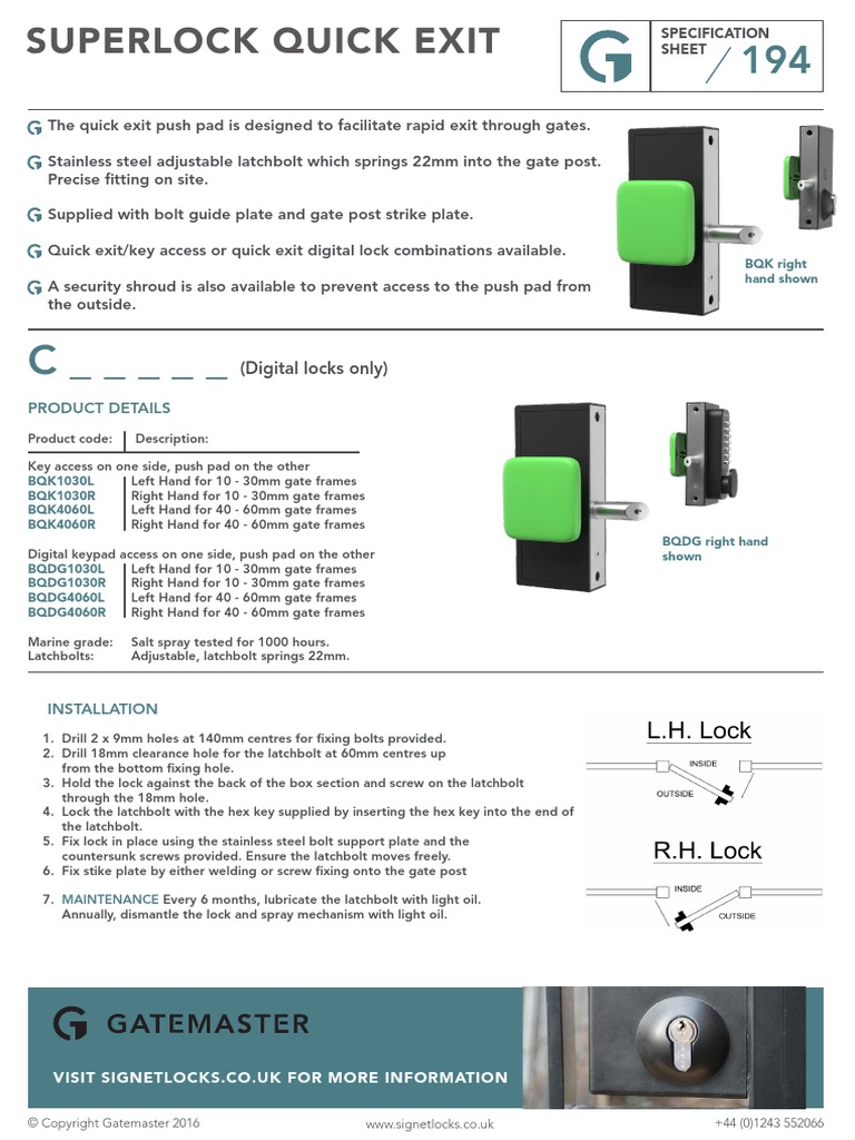 Superlock Quick Exit Spec Sheet | PDF | Screw | Equipment