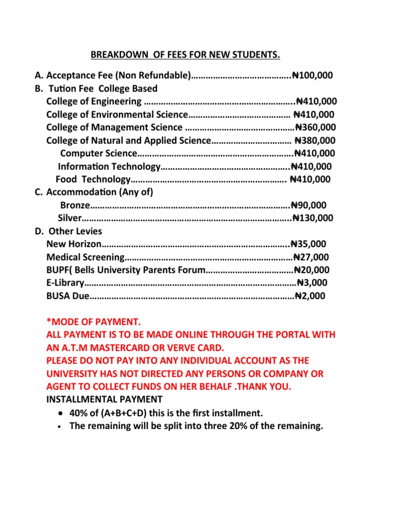 Breakdown of Fees For New Students | PDF