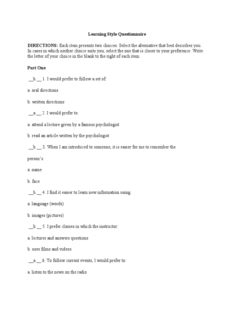 Learning Style Questionnaire | PDF | Learning Styles | Educational ...