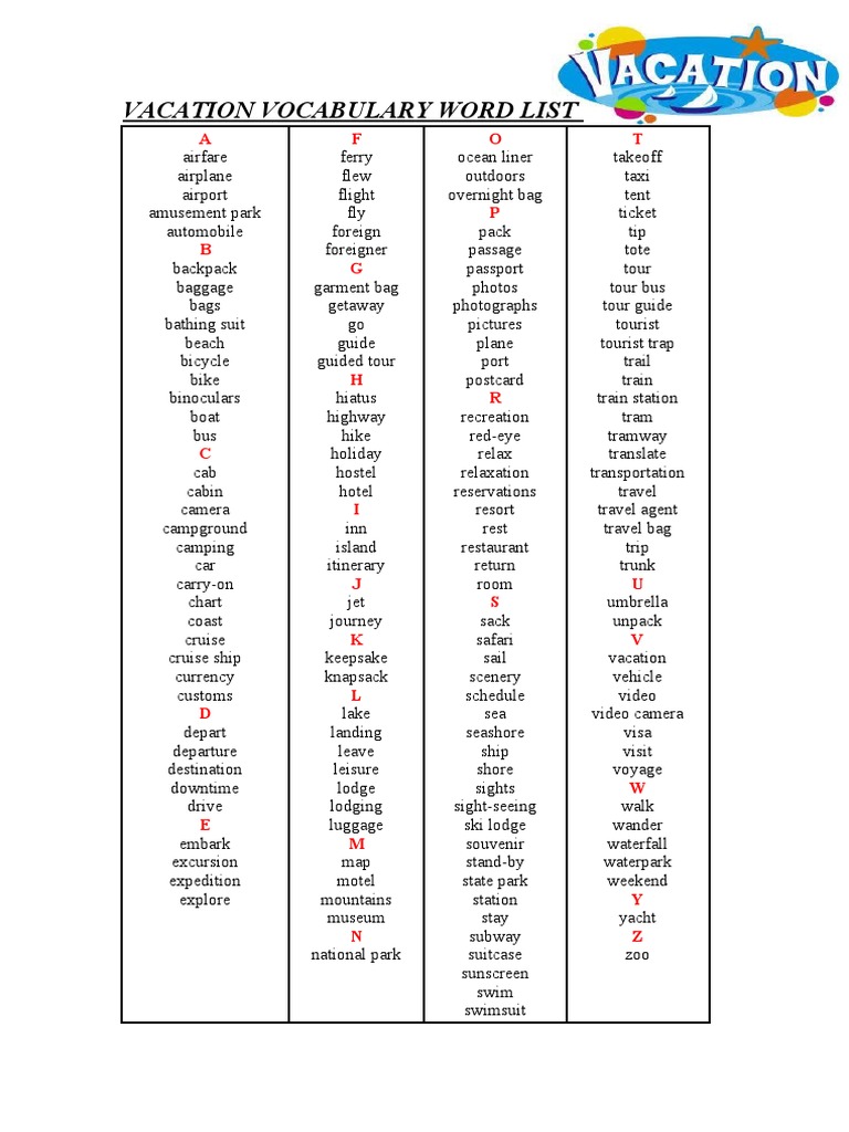 Comprehensive Vacation Vocabulary List | PDF | Tourism | Baggage