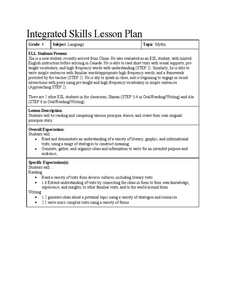 Integrated Skills Lesson Plan | PDF | Lesson Plan | Behavior Modification