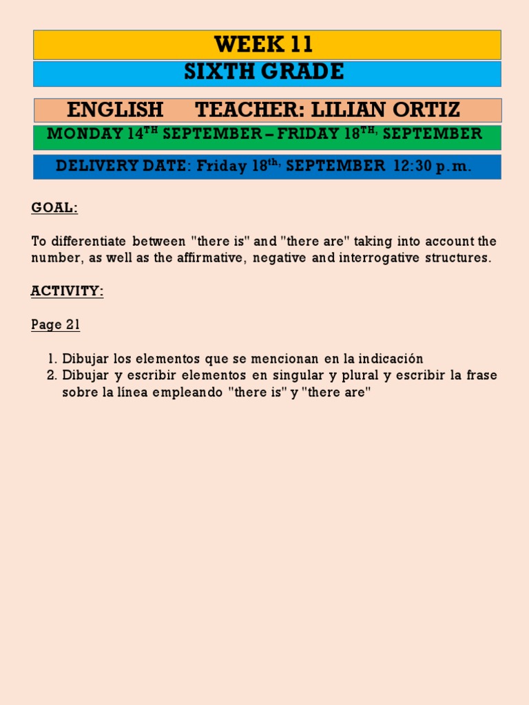 Week 11 Sixth Grade: English Teacher: Lilian Ortiz | PDF | Language ...