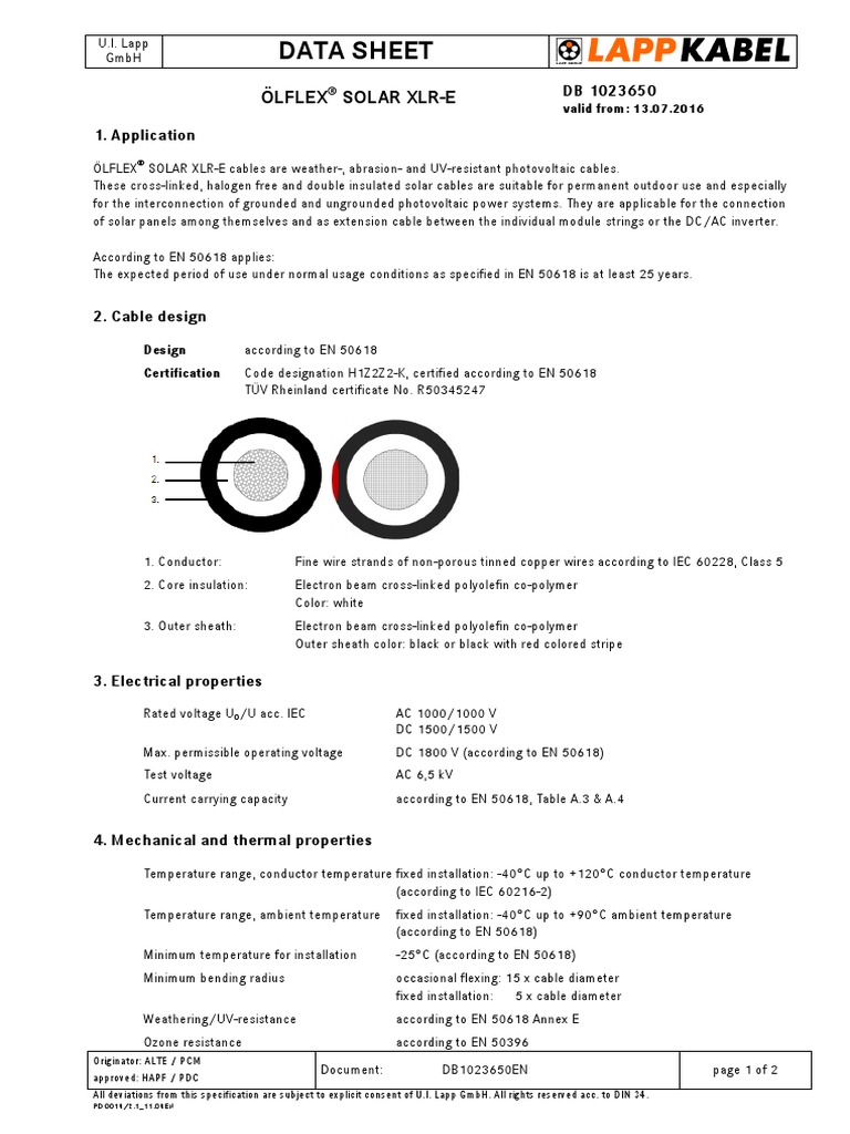 Data Sheet Olflex Solar XLR-E | PDF | Electrical Components | Equipment