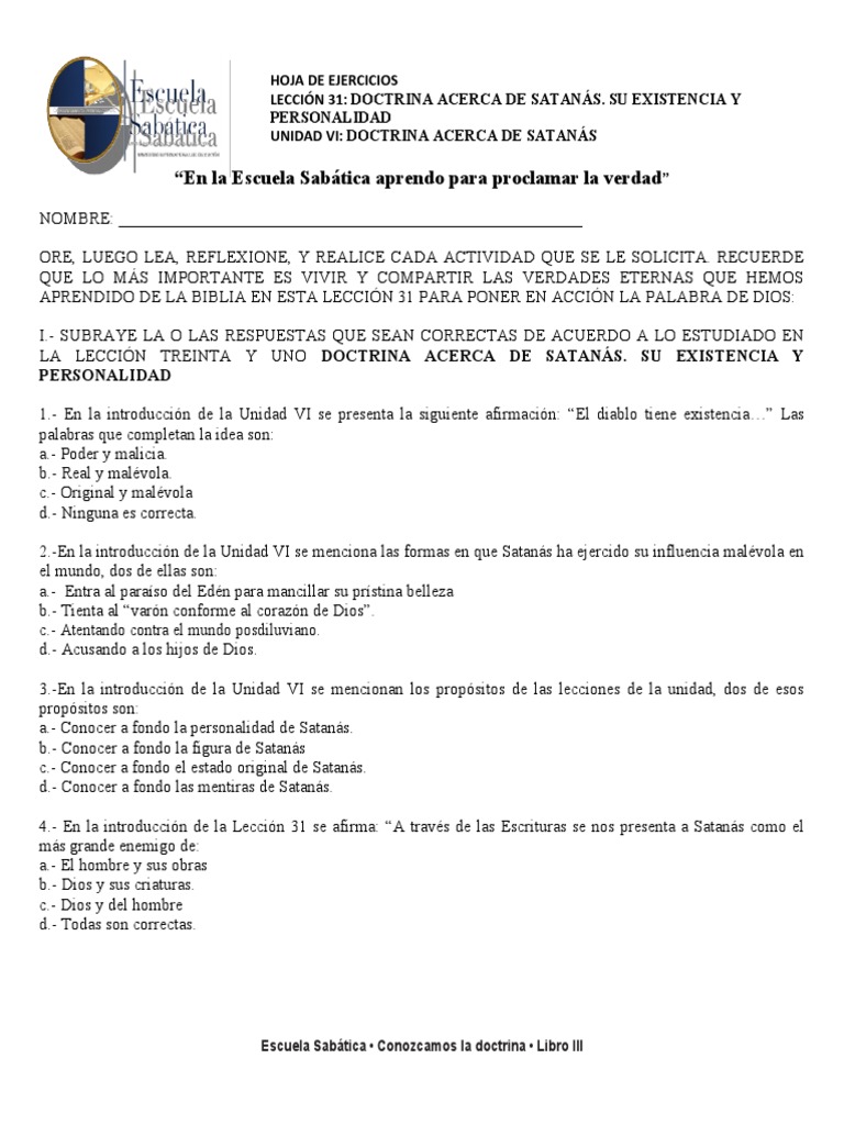 Hoja de Ejercicios de La Leccion 31 | PDF | Satán | Libro de Isaías
