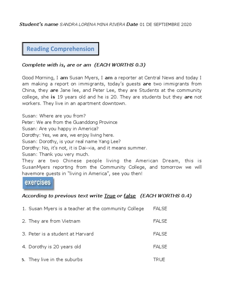 Reading Comprehension Verb To Be. - Resuelto Ingles | PDF