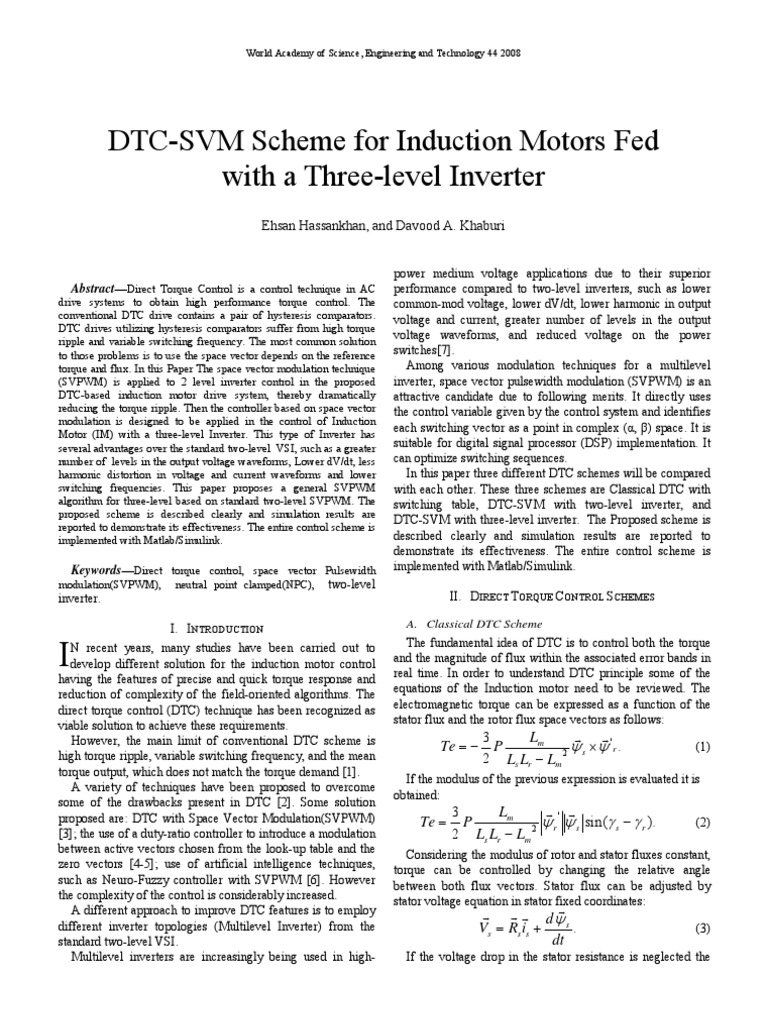 Dtc Svm Scheme For Induction Motors Fed With A Three Level Inverter