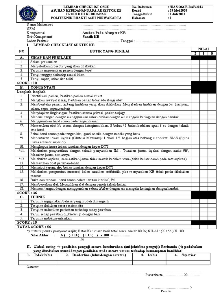 LEMBAR CHECKLIST Suntik KB | PDF