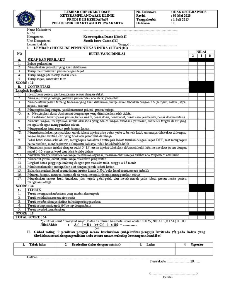 Lembar Checklist Intra Cutan (Ic) | PDF