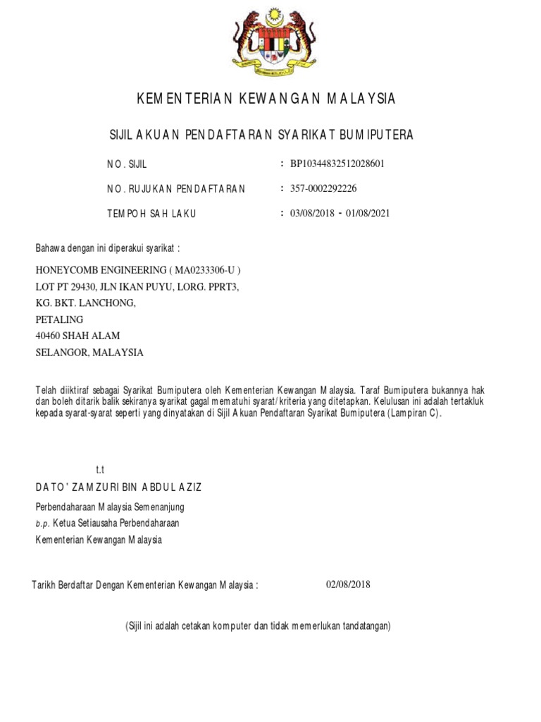MOF Sijil Akuan Pendaftaran Syarikat Bumiputera - BARU 2020 PDF | PDF