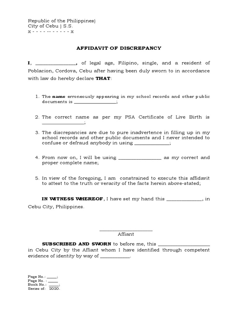 Affidavit of Discrepancy: I, - , of Legal Age, Filipino, Single, and A ...