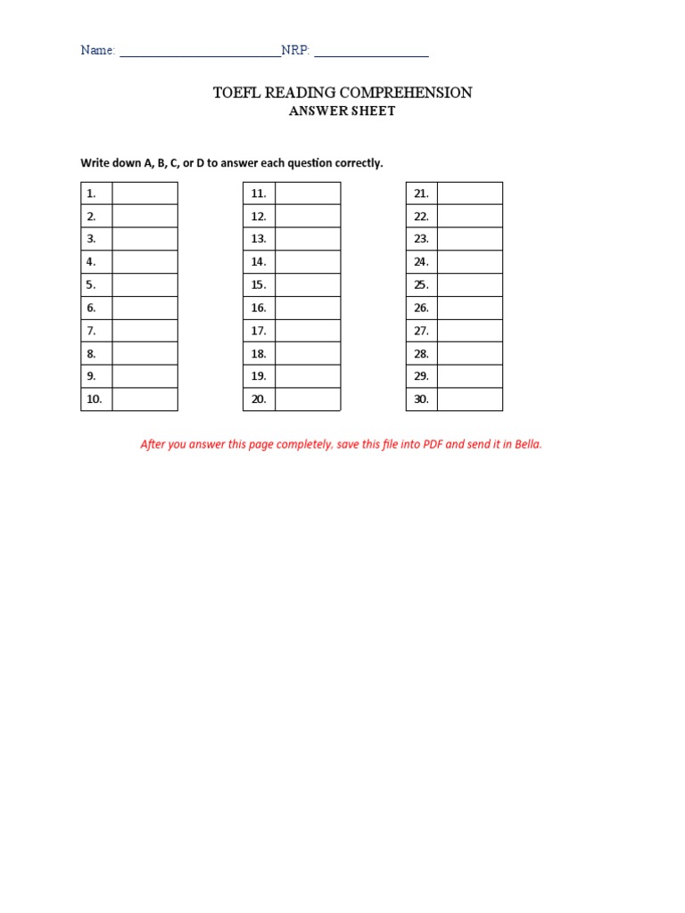 Answer Sheet - Toefl Reading 1-30 | PDF
