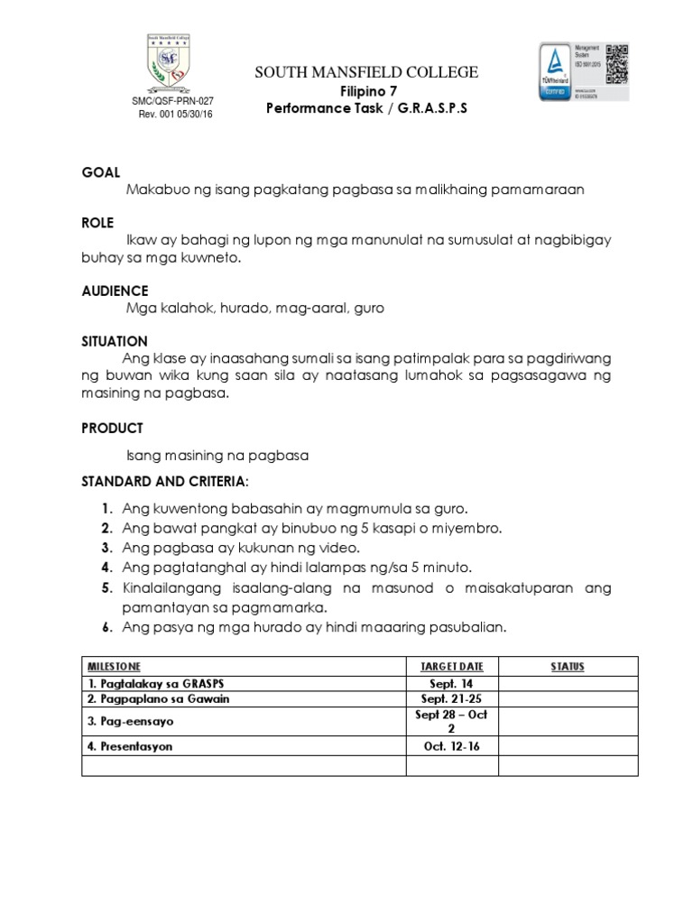 Filipino 7 GRASPS PDF | PDF