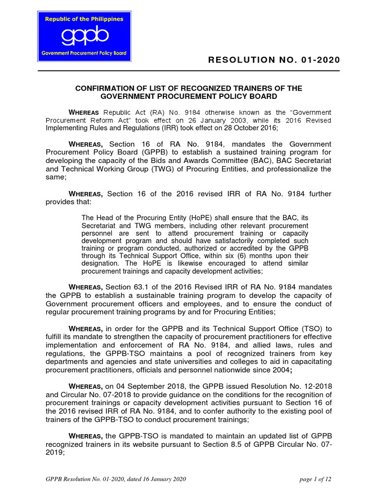 GPPB Resolution No. 01-2020 | PDF | Public Sphere | Government