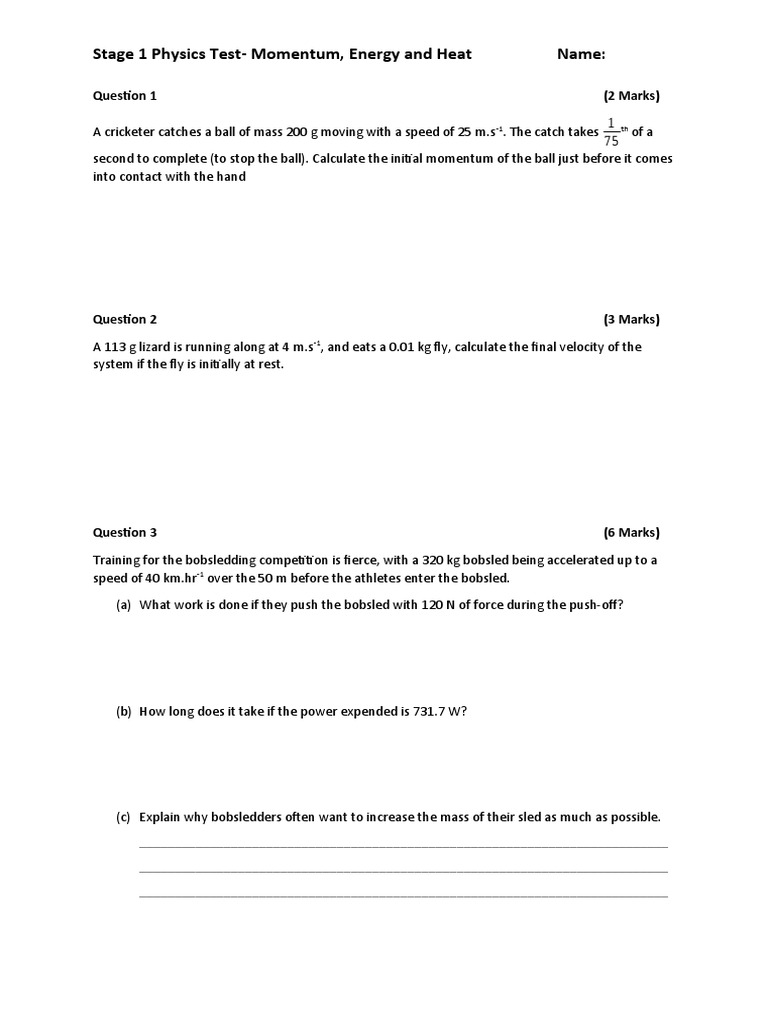 Stage 1 Physics Test - Momentum Energy and Heat v2 | PDF | Heat ...