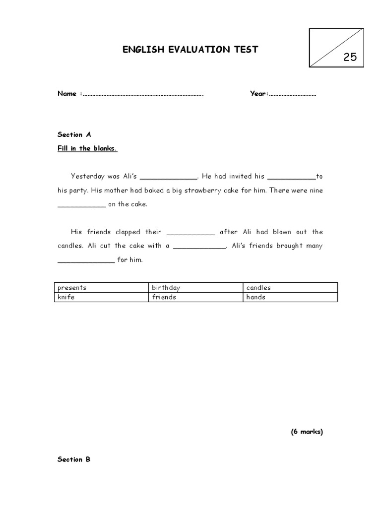 Filling in the Blanks: An English Evaluation Test | PDF | Linguistics ...