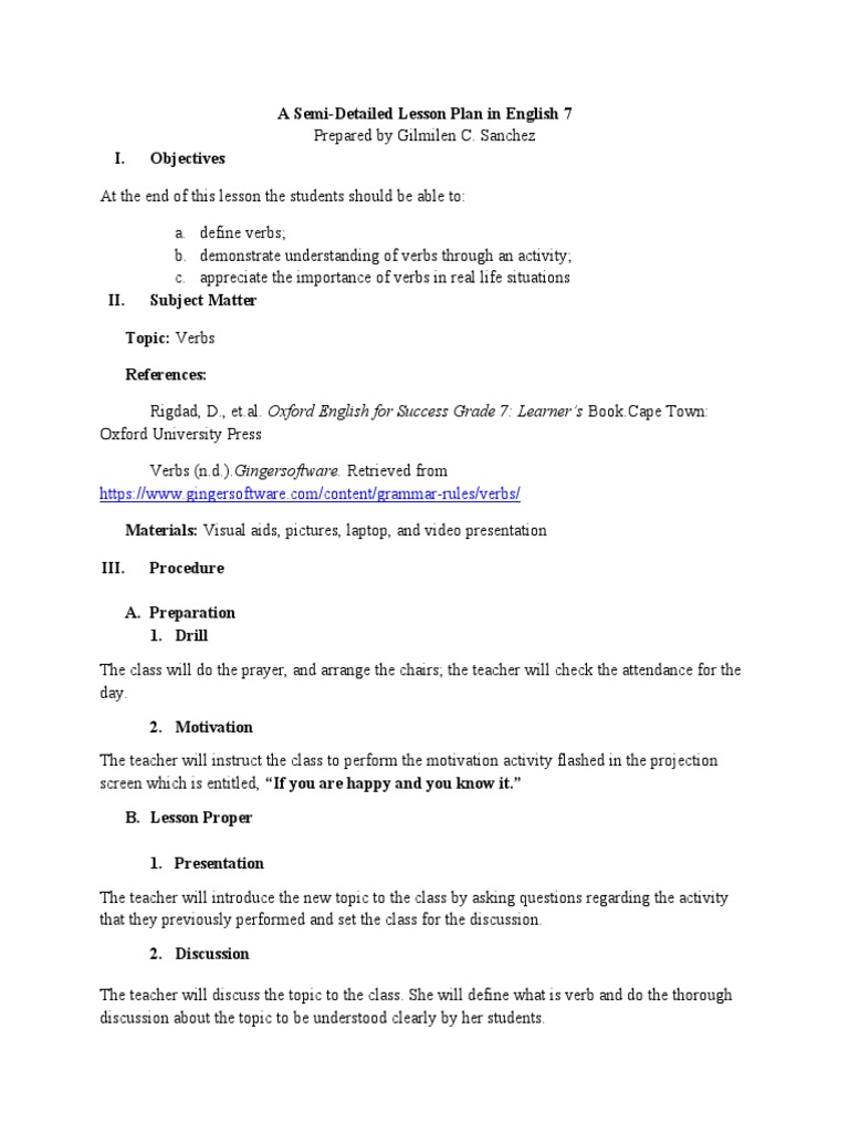 A Semi-Detailed Lesson Plan in English 7 | PDF | Lesson Plan | Teachers