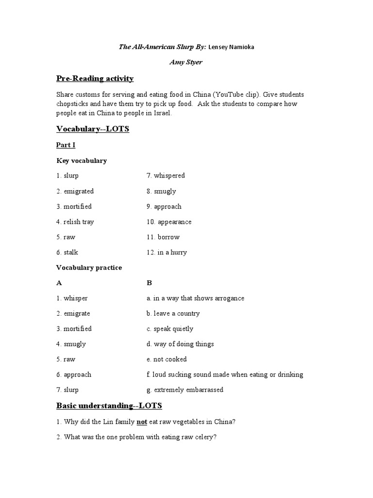 Pre-Reading Activity: Key Vocabulary | PDF | Foods