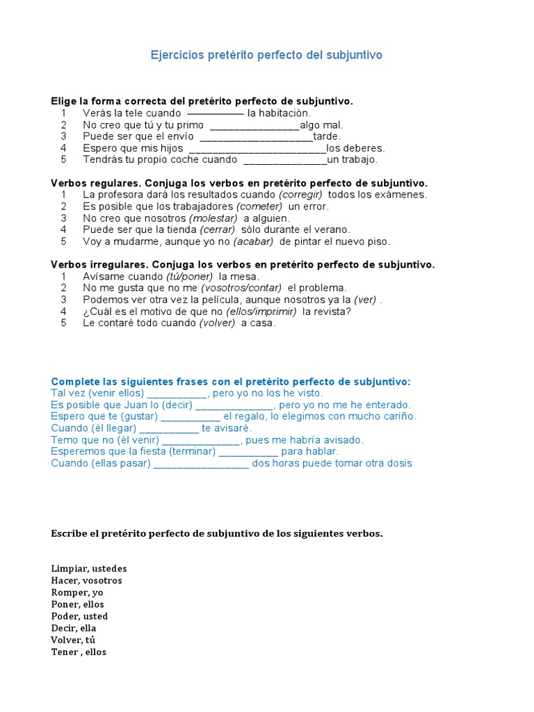 Ejercicios Pretérito Perfecto Subjuntivo | PDF