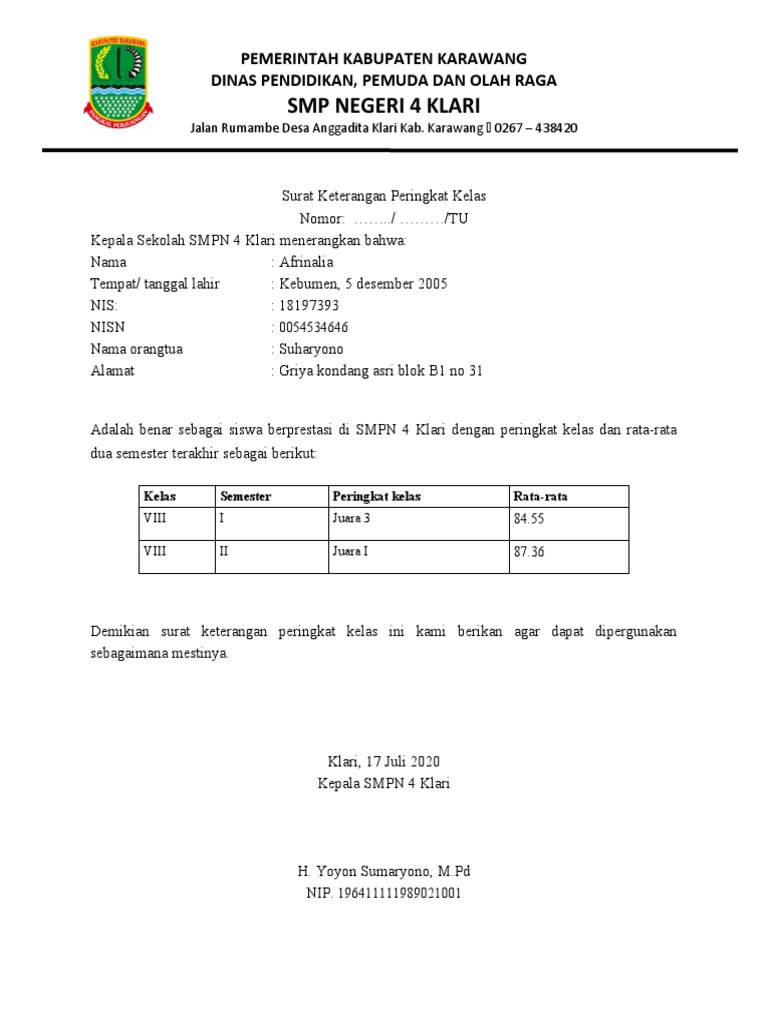 Surat Keterangan Peringkat Kelas | PDF
