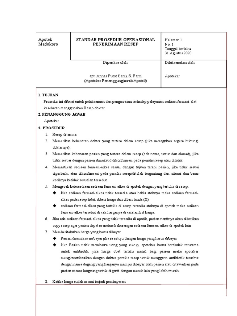 Apotek Madukoro Standar Prosedur Operasional Penerimaan Resep Pdf