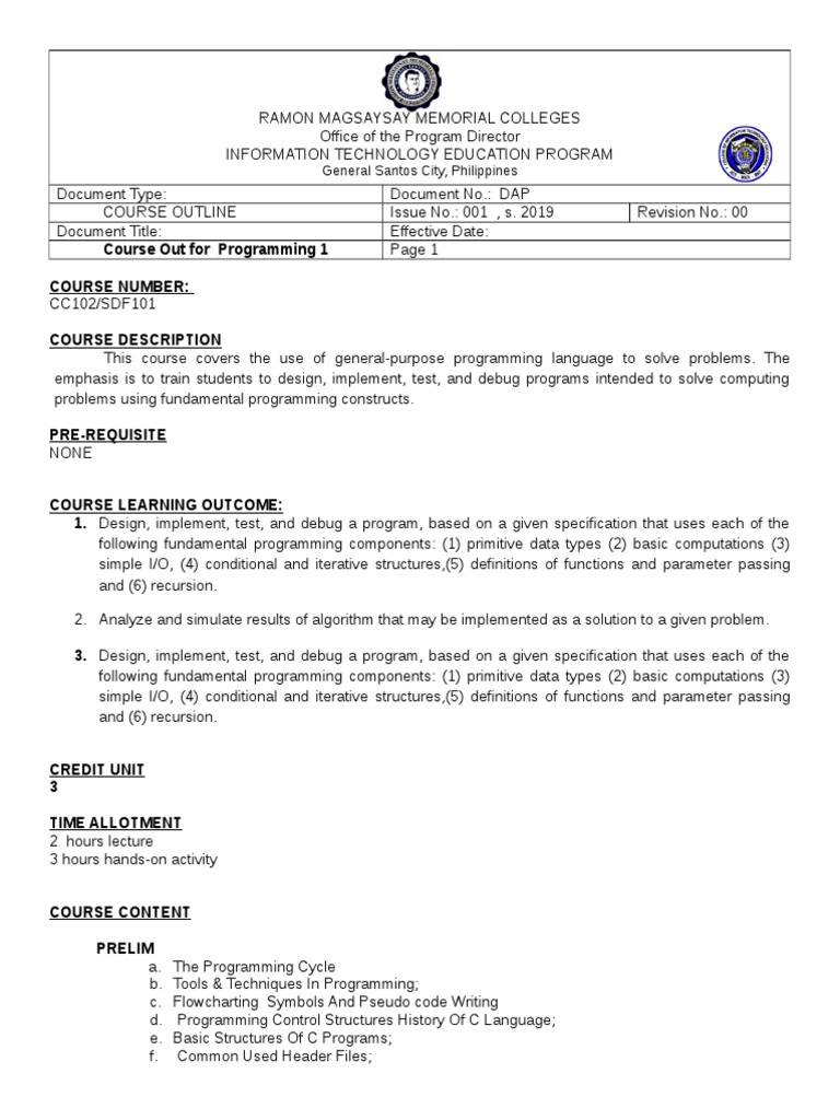 Computer Programming 1 Course Outline Pdf Computer Programming 3189