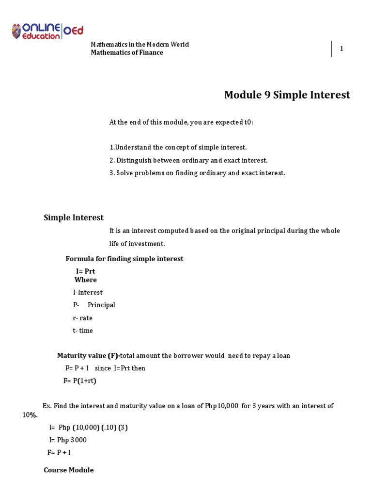 Lesson 9 - Simple Interest PDF | PDF