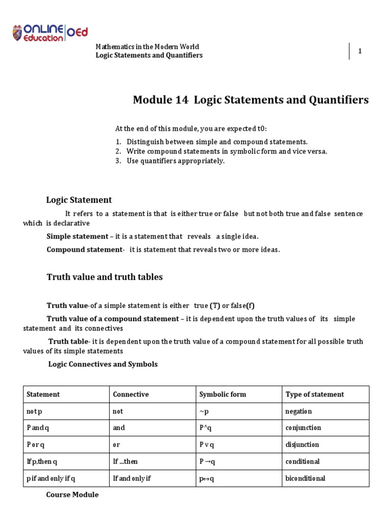 Lesson 13 - Logic Statements and Quantifiers PDF | PDF | If And Only If | Truth