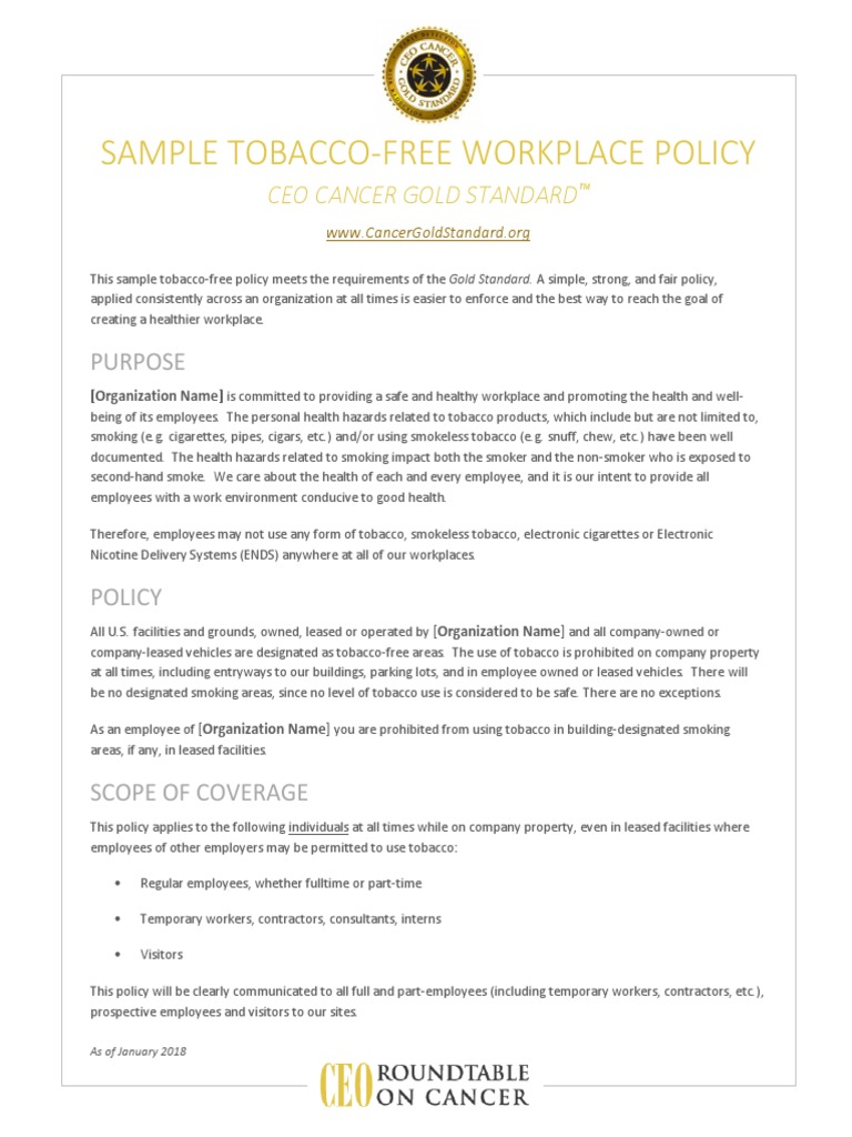 Sample Tobacco-Free Workplace Policy: Ceo Cancer Gold Standard | PDF ...