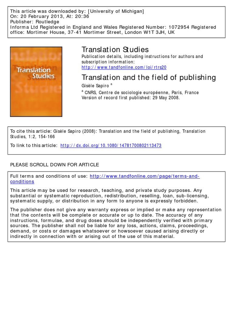 Sapiro. Translation and The Field of Publishing. A Commentary On Pierre ...