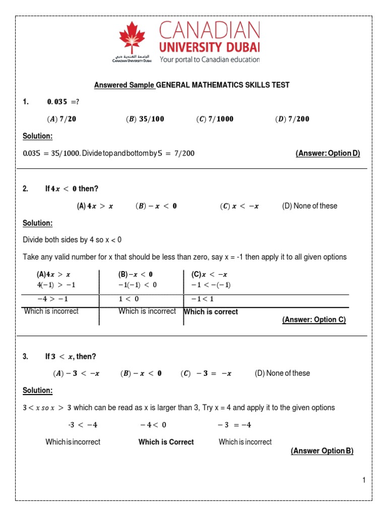 Sample GENERAL MATHEMATICS SKILLS TEST Solutions PDF | PDF | Fraction ...