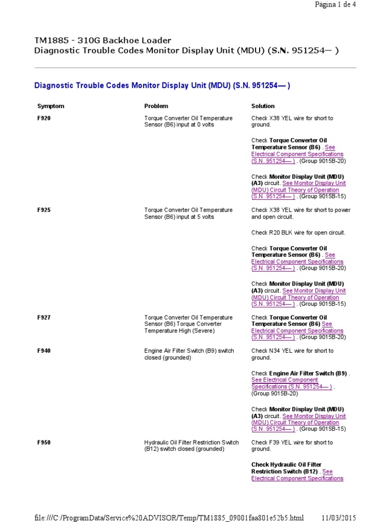 310G Backhoe Loader MDU Fault Codes | PDF | Electrical Network ...