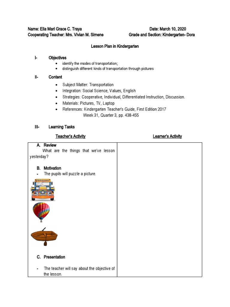 Kindergarten Transportation Lesson Plan | PDF | Social Science ...